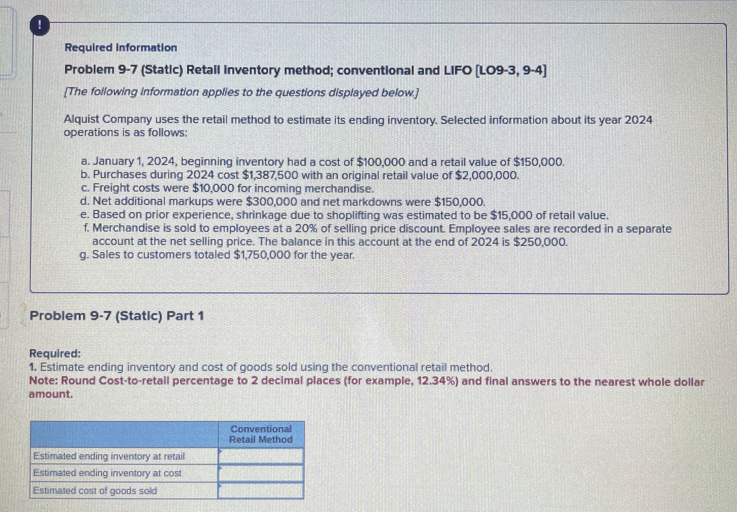 Solved !Required InformationProblem 9-7 (Static) ﻿Retall | Chegg.com