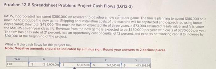 Solved Problem 12-6 Spreadsheet Problem: Project Cash Flows | Chegg.com Solved Problem 12-6 Spreadsheet Problem: Project Cash Flows | Chegg.com