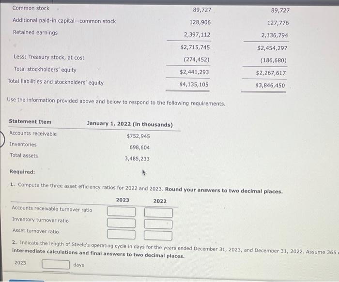 Solved Asset Efficiency Ratios Financial statements for | Chegg.com