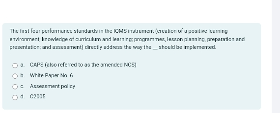 Solved The first four performance standards in the IQMS | Chegg.com