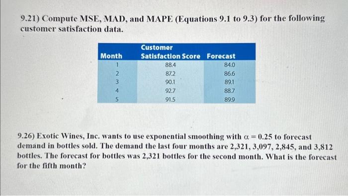 Solved 9.21) Compute MSE, MAD, and MAPE (Equations 9.1 to | Chegg.com