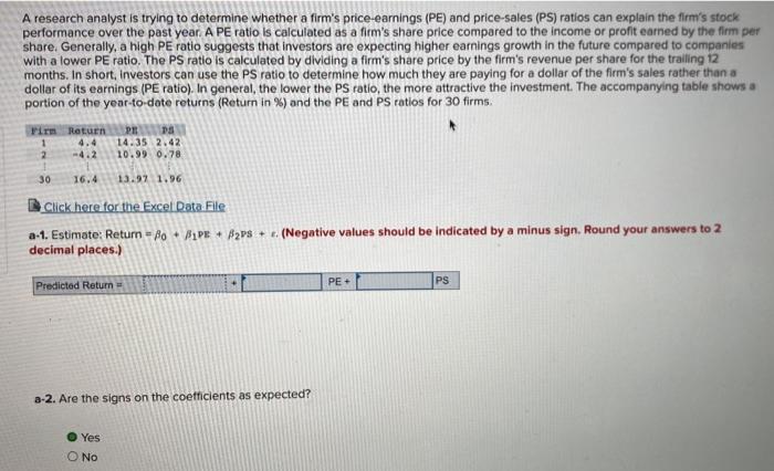 Solved A research analyst is trying to determine whether a | Chegg.com
