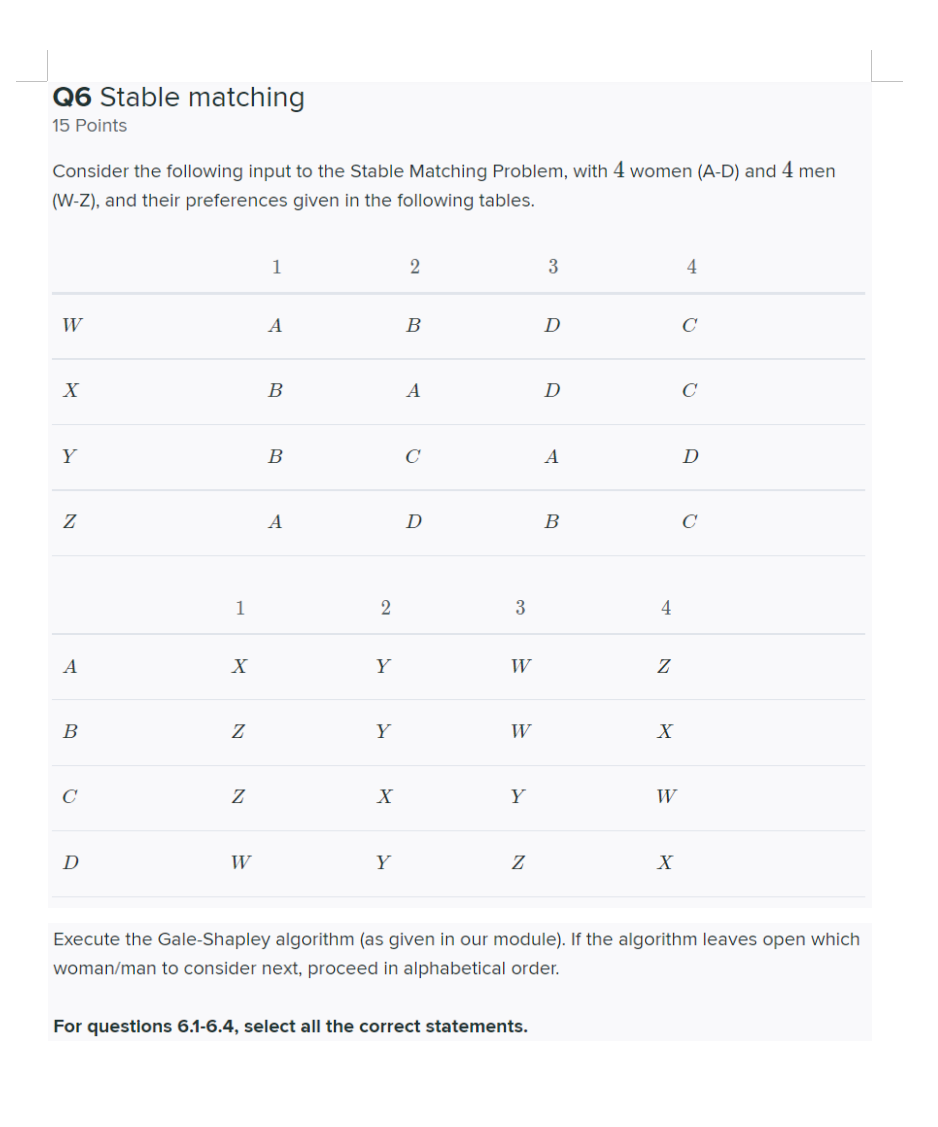 Solved Q6 Stable matching 15 Points Consider the following | Chegg.com
