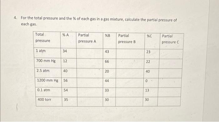 Solved 4. For the total pressure and the % of each gas in a | Chegg.com