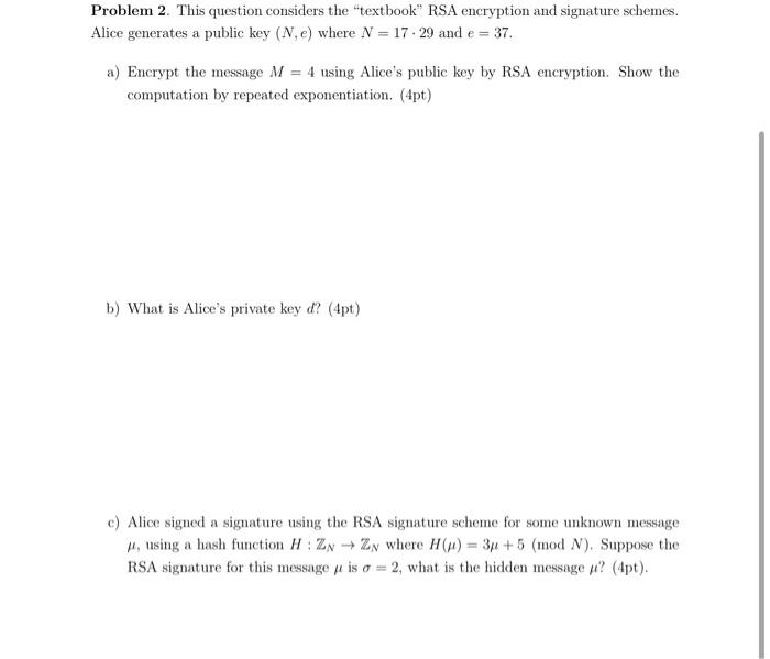 Problem 2. This question considers the "textbook" RSA | Chegg.com