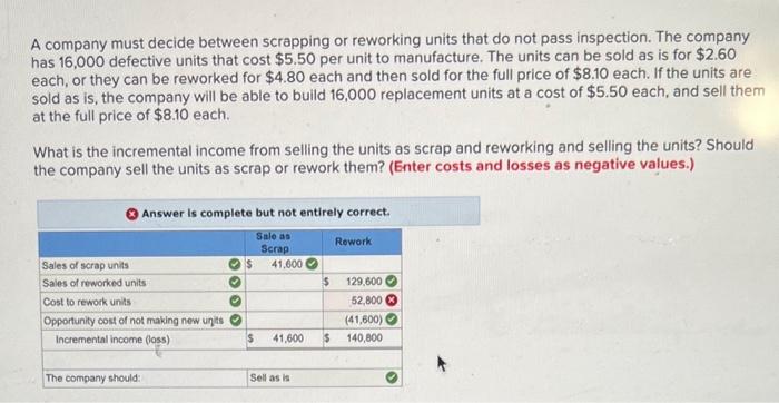 Solved A company must decide between scrapping or reworking | Chegg.com