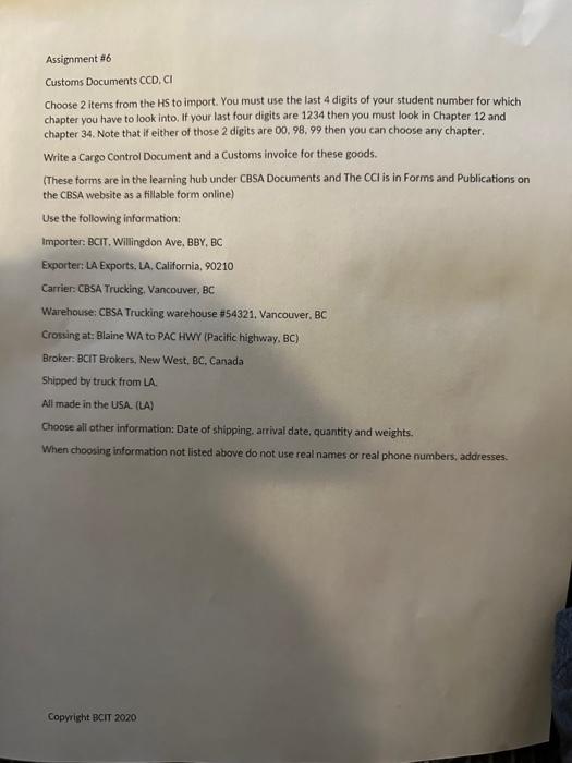 Solved Assignment #6 Customs Documents CCD, Cl Choose 2 | Chegg.com