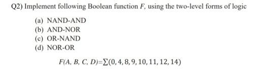 Solved Q2) Implement following Boolean function F, using the | Chegg.com