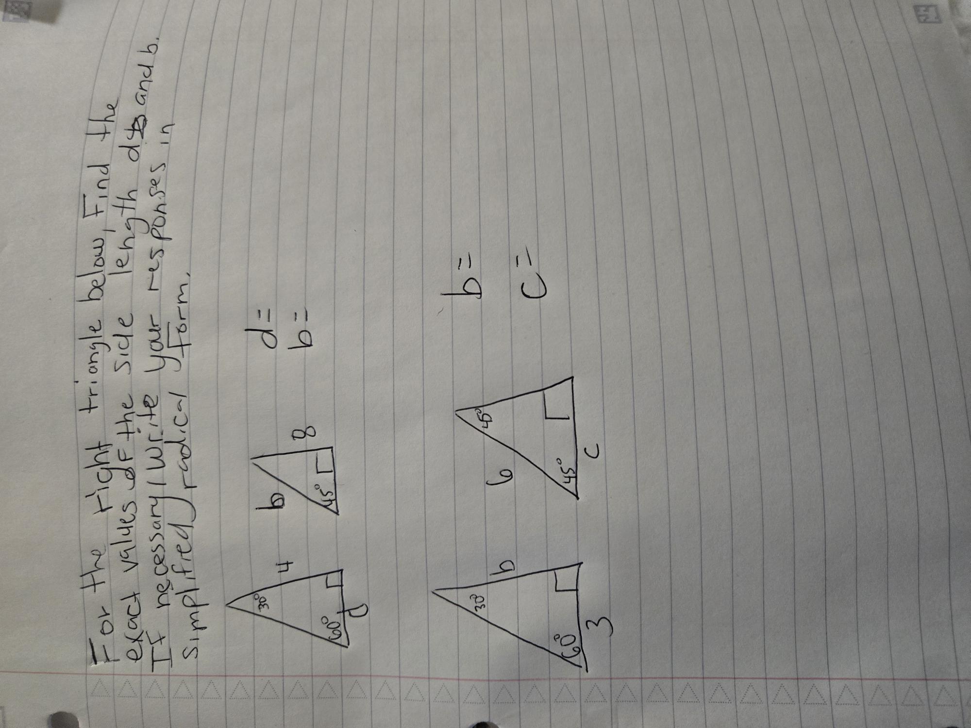 Solved For the right triangle below, Find theexact values of | Chegg.com
