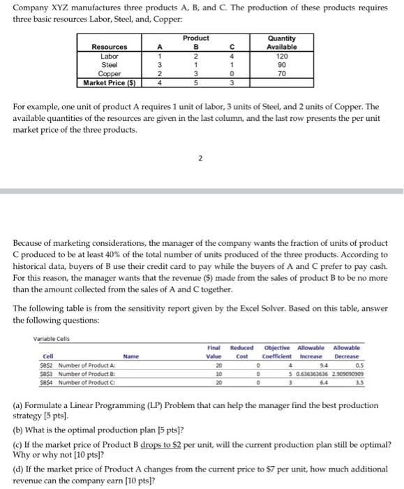 Solved Company XYZ manufactures three products A, B, and C. | Chegg.com