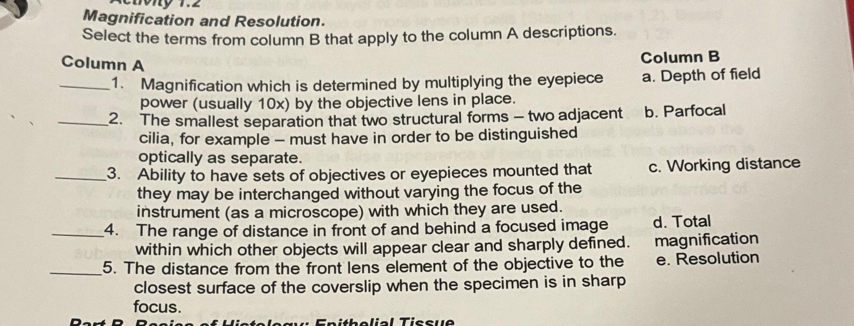 Solved Magnification and Resolution.Select the terms from | Chegg.com