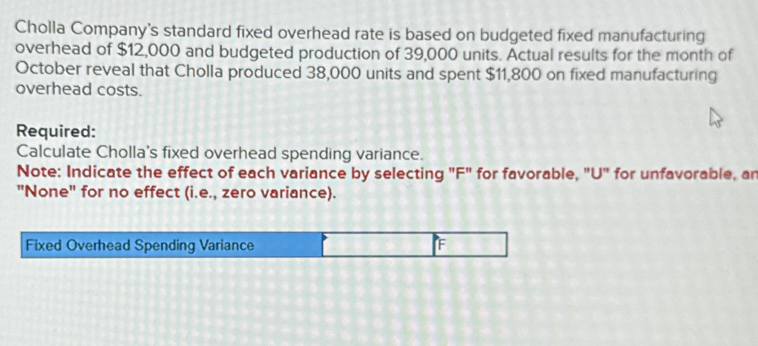 Solved Cholla Company's standard fixed overhead rate is | Chegg.com