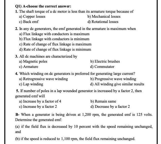 Solved Q1) A-choose the correct answer: 1. The shaft torque | Chegg.com