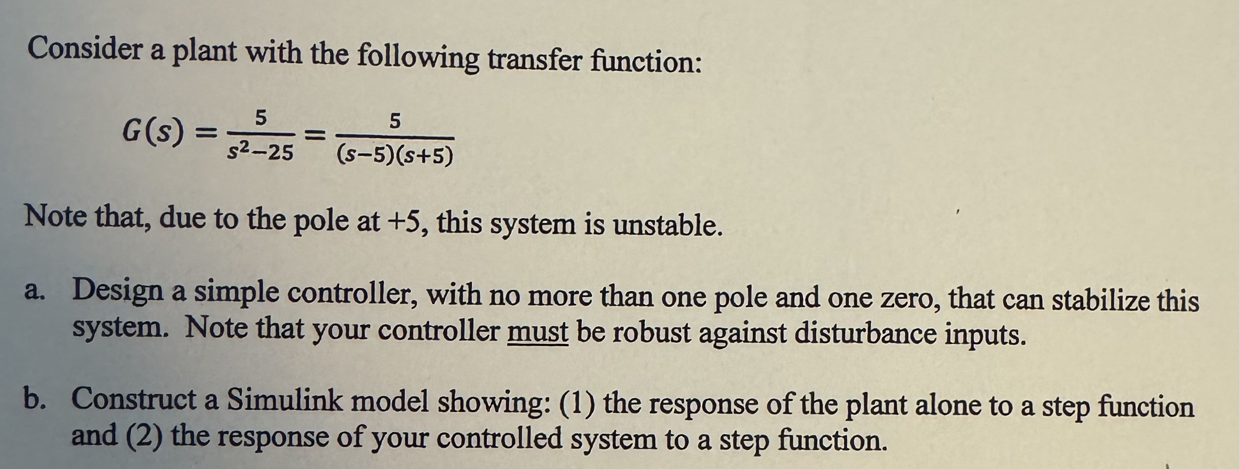 Solved Consider a plant with the following transfer | Chegg.com