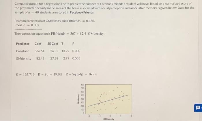 Computer output for a regression line to predict the | Chegg.com