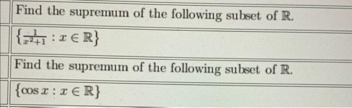 Solved Find the supremum of the following subset of R. | Chegg.com