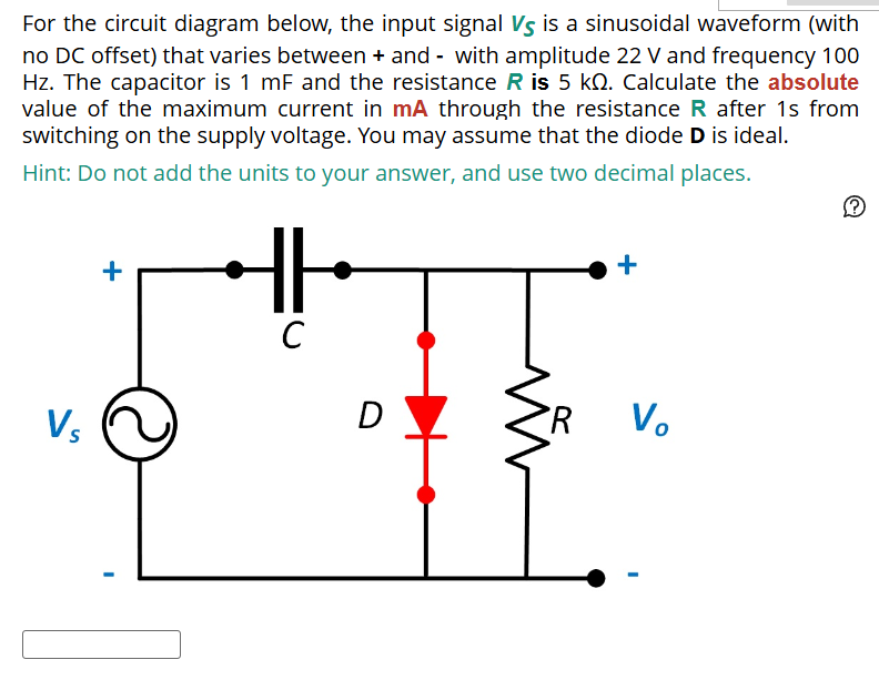 Solved For the circuit diagram below, the input signal VS | Chegg.com