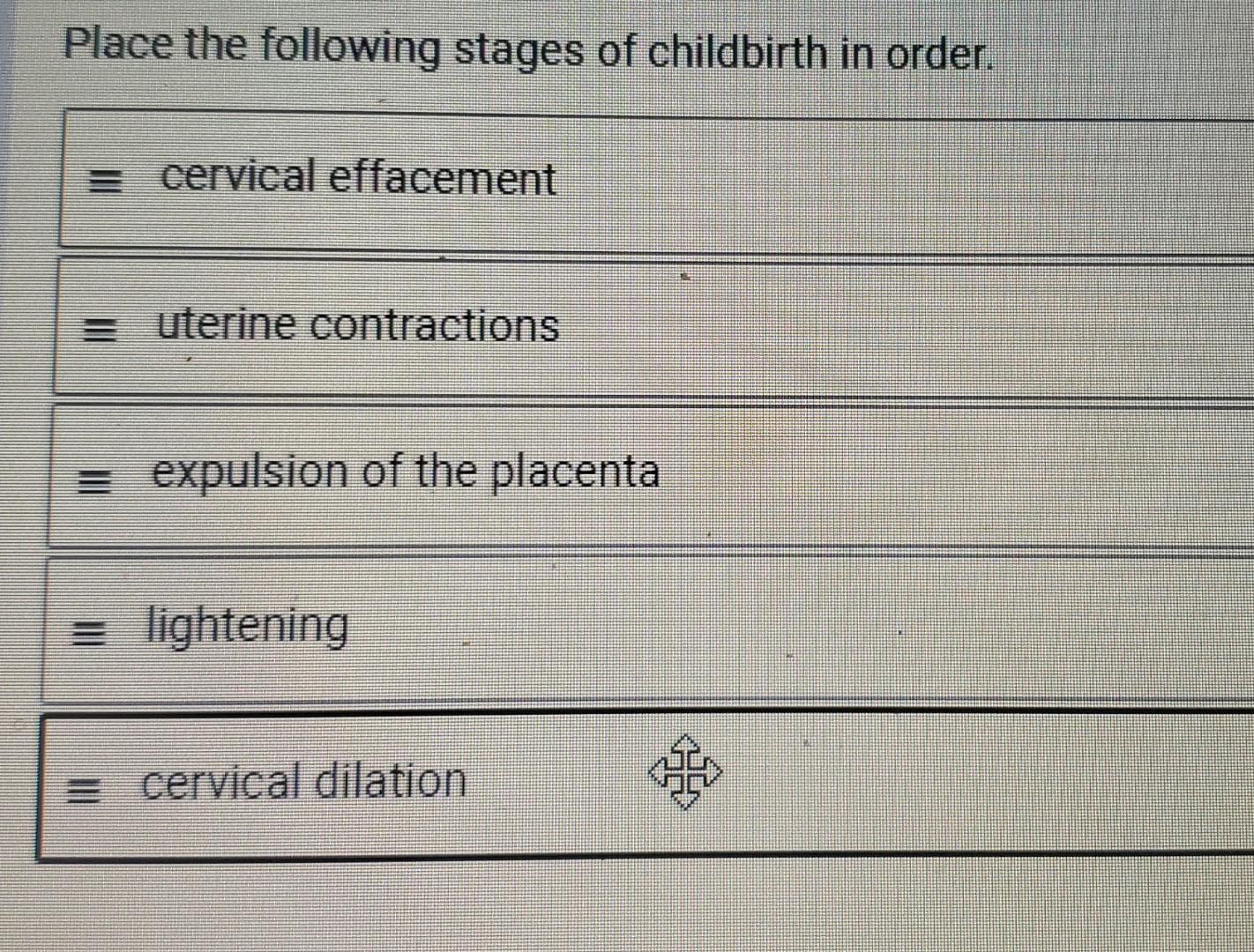 Solved Place the following stages of childbirth in order. = | Chegg.com