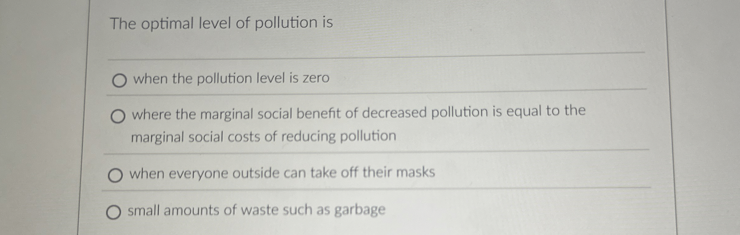 Solved The optimal level of pollution iswhen the pollution | Chegg.com