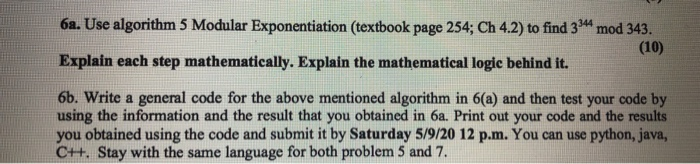 Solved 6a. Use algorithm 5 Modular Exponentiation (textbook | Chegg.com