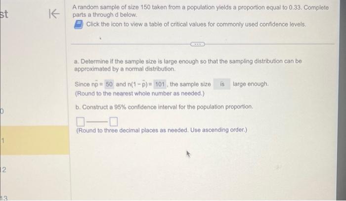 Solved A random sample of size 150 taken from a population | Chegg.com