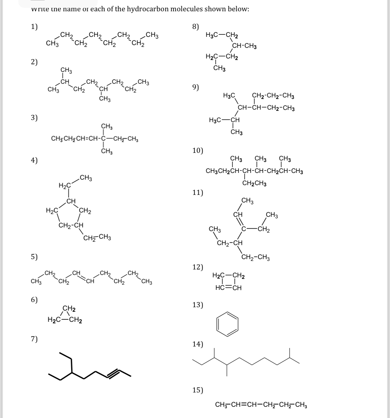 Solved vv rite tne name or each of the hydrocarbon molecules | Chegg.com