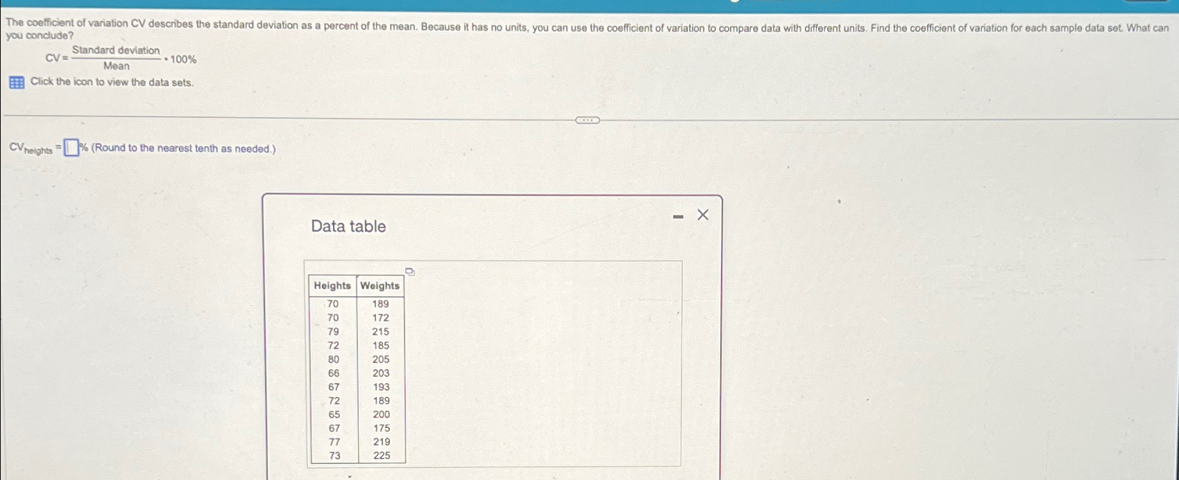 Solved you conclude?CV= Standard deviation Mean *100%Click | Chegg.com