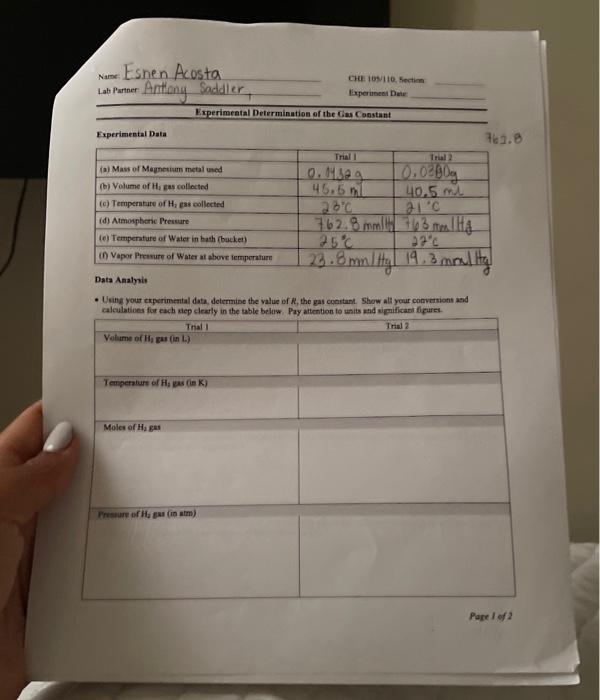 Solved Experimental Data Data Anabis - Ueing your | Chegg.com