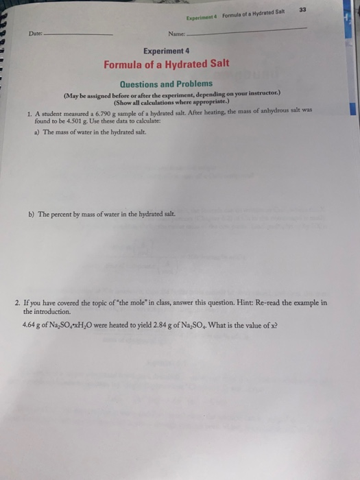 Solved 33 Experiment Formula of a Hydrated Salt Date: Name: | Chegg.com