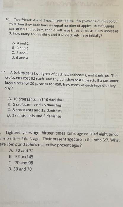 Solved mm 16. Two friends A and B each have apples. If A | Chegg.com