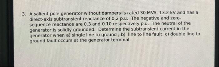 Solved 3 A Salient Pole Generator Without Dampers Is Rated