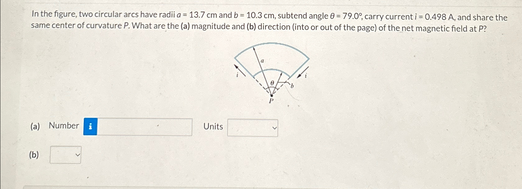 Solved In the figure, two circular arcs have radii a=13.7cm | Chegg.com