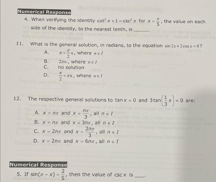 Solved Numerical Response 4. When verifying the identity | Chegg.com