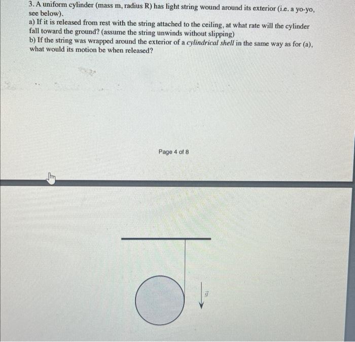 Solved 3. A uniform cylinder (mass m, radius R) has light | Chegg.com