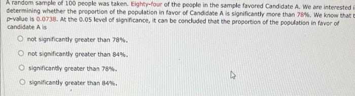 Solved A random sample of 100 people was taken. Eighty-four | Chegg.com