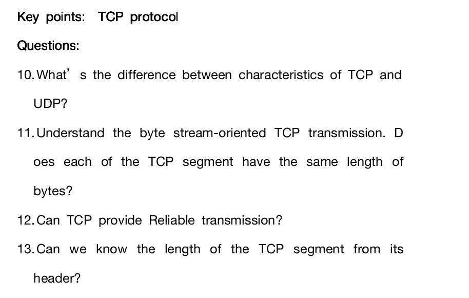 Solved Key points: TCP protocol Questions: 10. What's the | Chegg.com