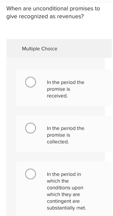 Solved When are unconditional promises to give recognized as | Chegg.com