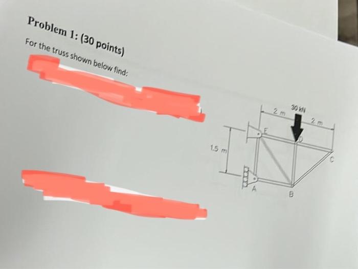 Solved Problem 1: (30 points) For the truss shown below | Chegg.com