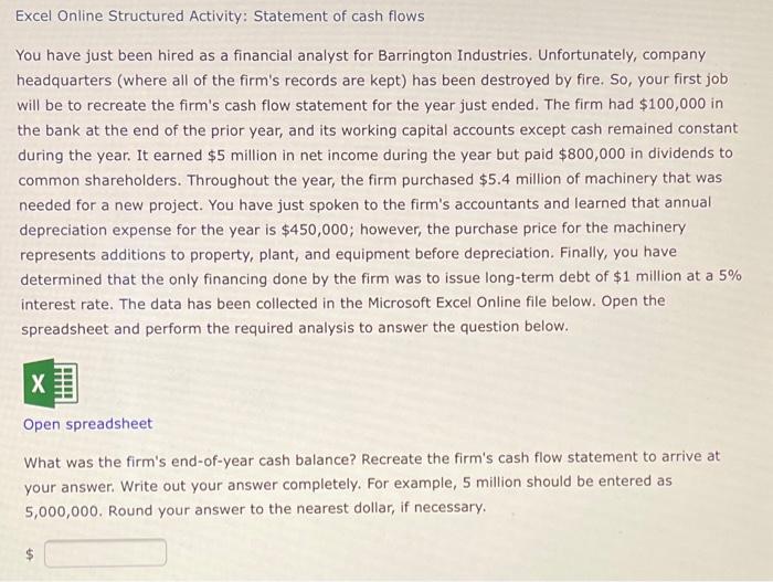 Solved Excel Online Structured Activity: Statement of cash | Chegg.com