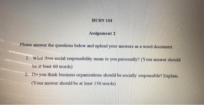 Solved BUSN 101 Assignment 2 Please answer the questions | Chegg.com
