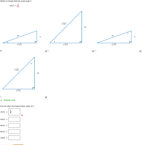 Solved Sketch a triangle that has acute angle.csc(θ)-145Find | Chegg.com