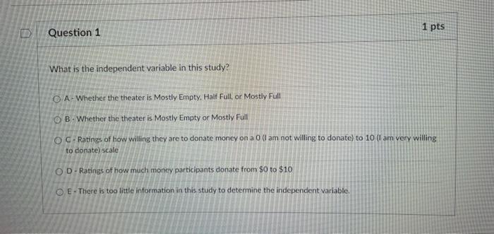 Solved What is the independent variable in this study? A. | Chegg.com