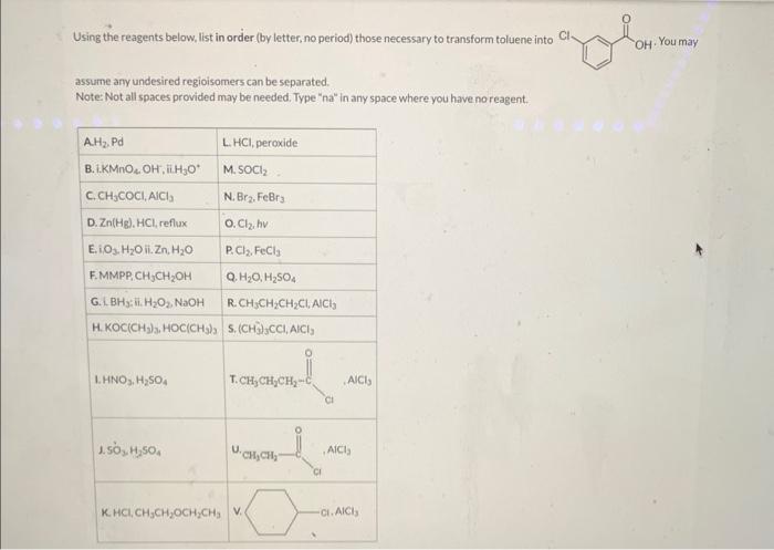 Solved Using the reagents below, list in order (by letter, | Chegg.com