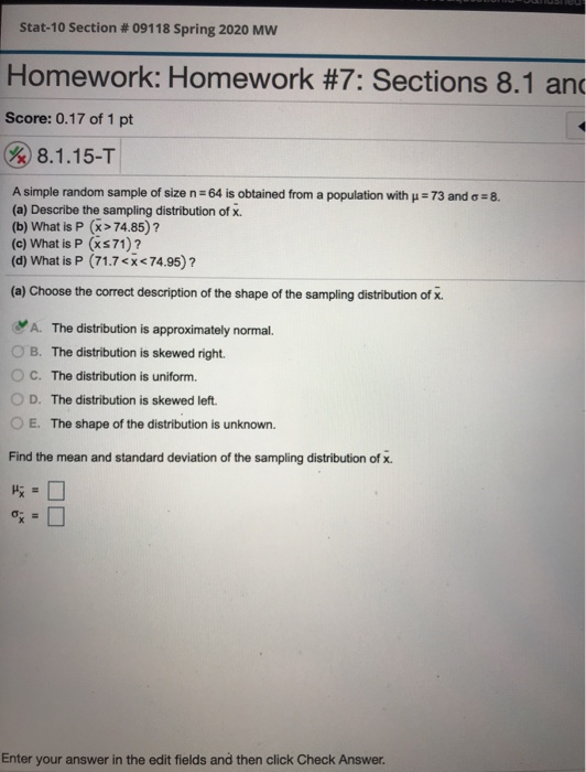Solved a simple random sample of size n=64 is obtained from | Chegg.com
