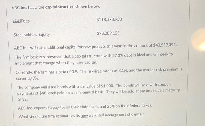 Solved ABC Inc. has a the capital structure shown below. ABC | Chegg.com