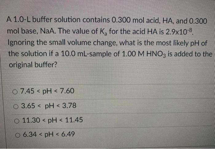 Solved A 1.0-L buffer solution contains 0.300 mol acid, HA, | Chegg.com