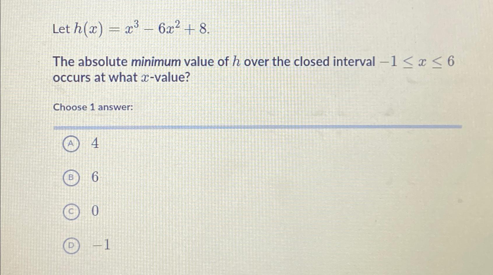 Solved Let h(x)=x3-6x2+8The absolute minimum value of h | Chegg.com