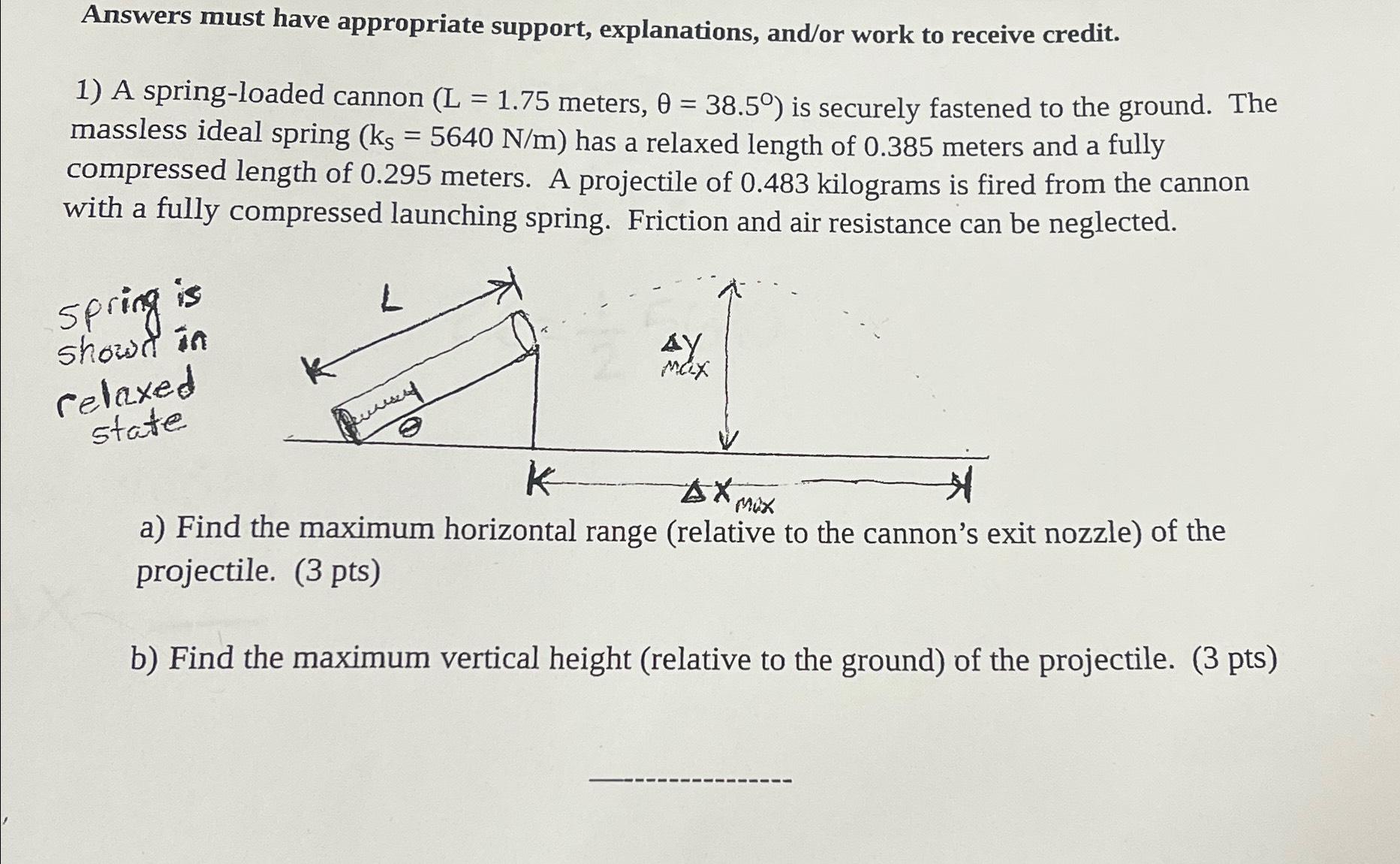Solved A spring-loaded cannon ( L=1.75 ﻿meters, (:θ=38.5° | Chegg.com
