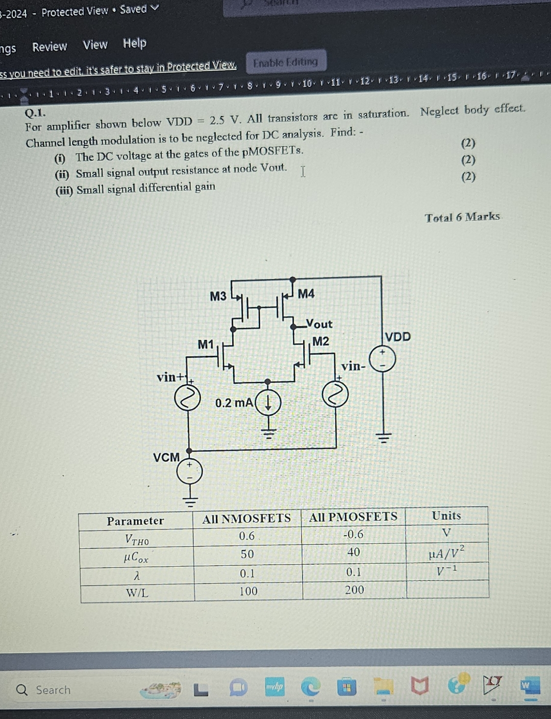 Solved For amplifier shown below VDD = 2.5 ﻿V. ﻿All | Chegg.com