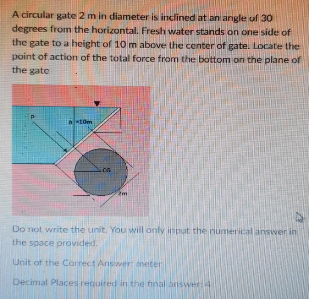 Solved A circular gate 2 m in diameter is inclined at an | Chegg.com